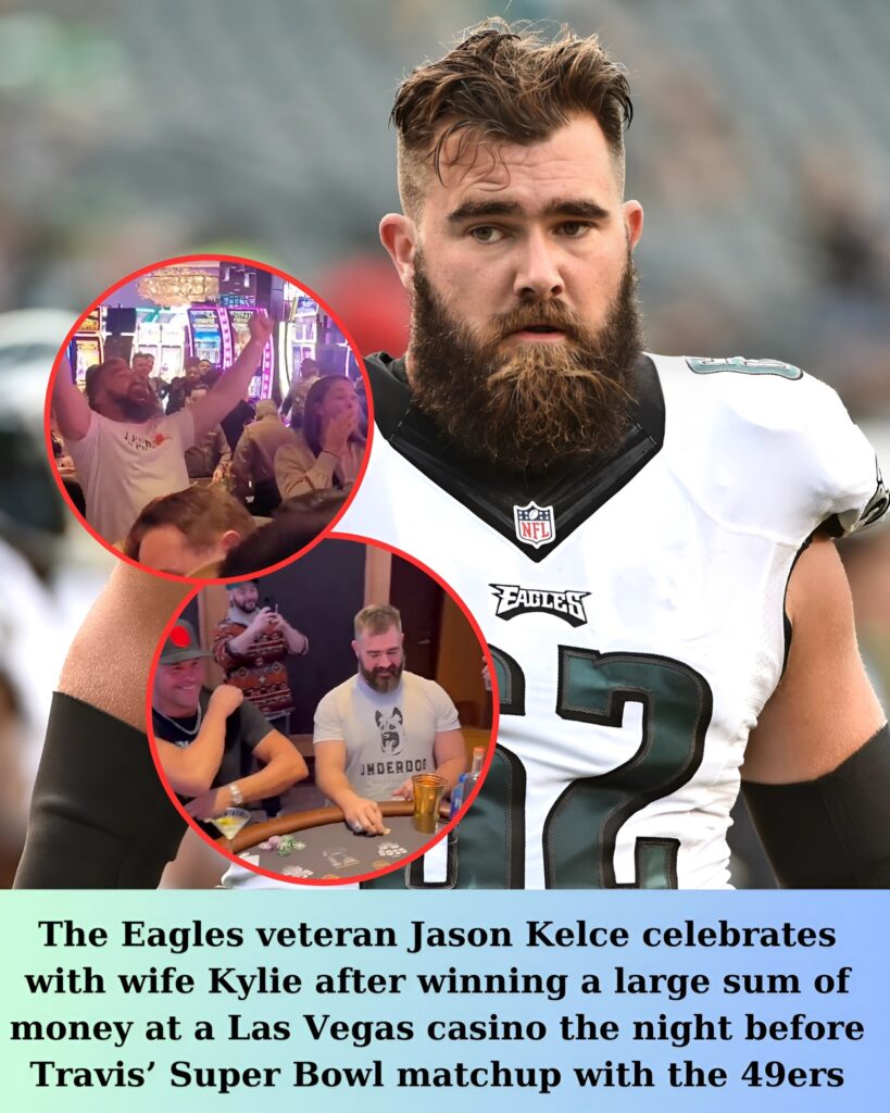 The Eagles veteran Jason Kelce celebrates with wife Kylie after winning ...