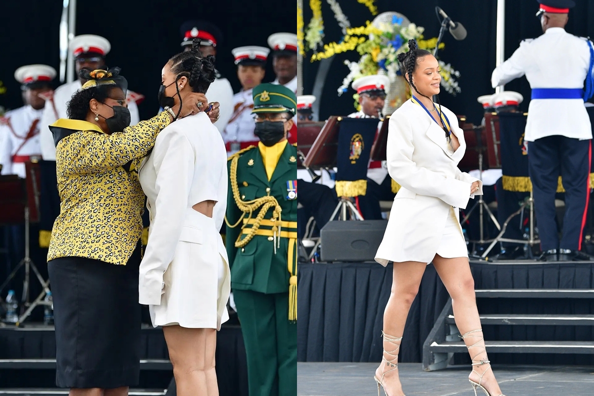 Rihanna wows in a plunging white mini dress and blazer when awarded the ...