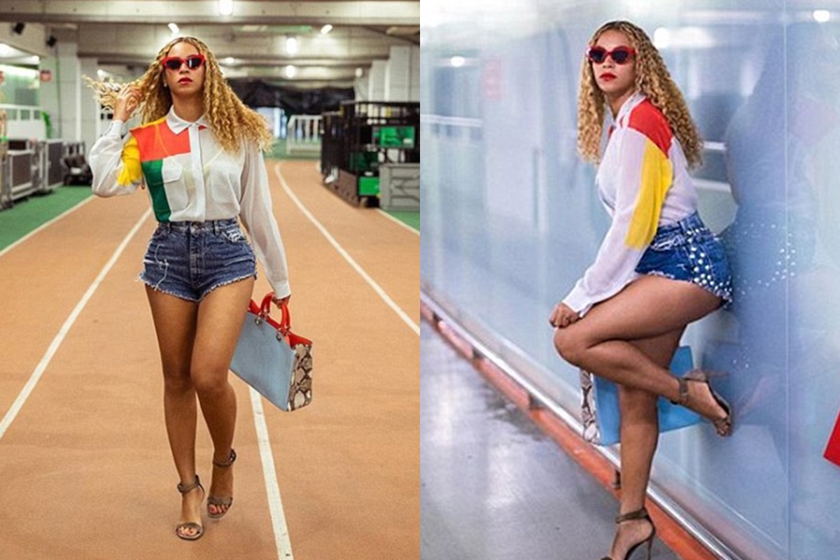 Beyonce flaunts her hourglass curves and toned pins in skimpy denim hotpants for sizzling snaps ...